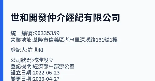 世和開發仲介經紀有限公司的照片-統編 90335359(基隆市) 公司登記資料與營業項目詳細圖表