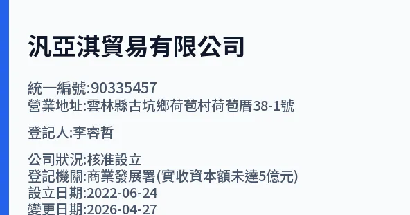 汎亞淇貿易有限公司的照片-統編 90335457(雲林縣) 公司登記資料與營業項目詳細圖表