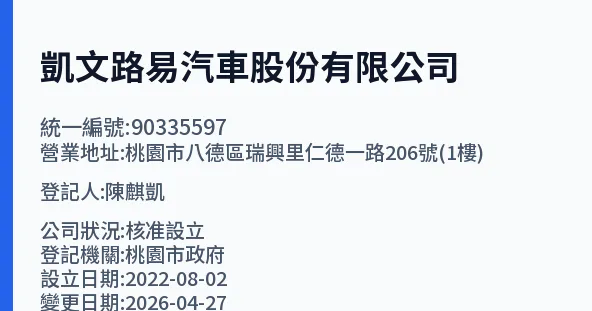 凱文路易汽車股份有限公司的照片-統編 90335597(桃園市) 公司登記資料與營業項目詳細圖表