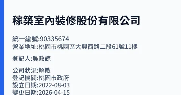稼築室內裝修股份有限公司的照片-統編 90335674(桃園市) 公司登記資料與營業項目詳細圖表