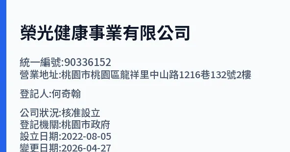 榮光健康事業有限公司的照片-統編 90336152(桃園市) 公司登記資料與營業項目詳細圖表