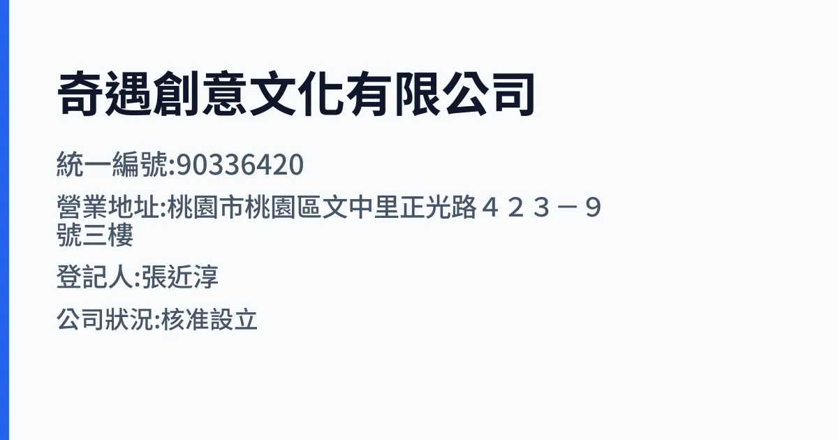 奇遇創意文化有限公司 - 統編 90336420(桃園市) 公司登記資料與營業項目詳細圖表