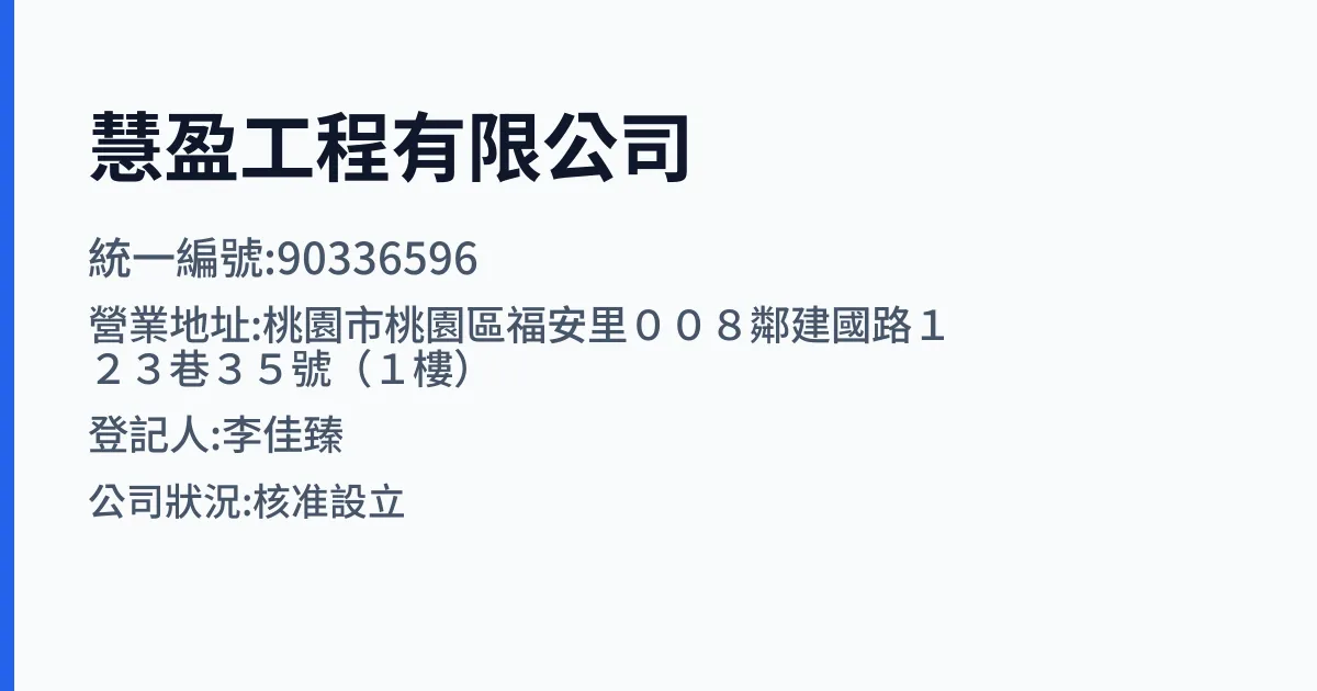 慧盈工程有限公司 - 統編 90336596(桃園市) 公司登記資料與營業項目詳細圖表