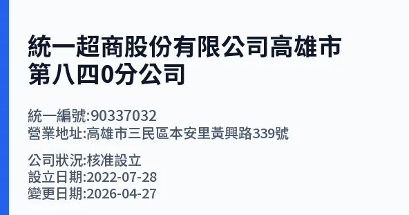 統一超商股份有限公司高雄市第八四0分公司的照片-統編 90337032(高雄市) 公司登記資料與營業項目詳細圖表