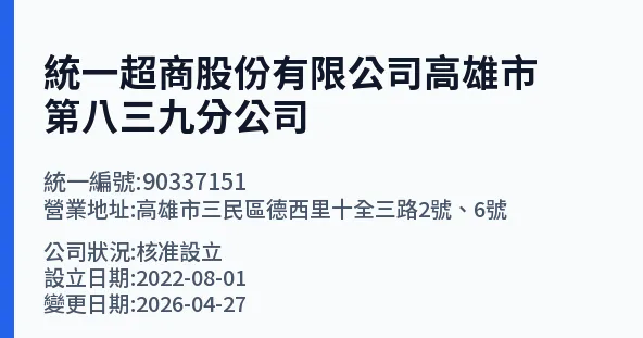 統一超商股份有限公司高雄市第八三九分公司的照片-統編 90337151(高雄市) 公司登記資料與營業項目詳細圖表