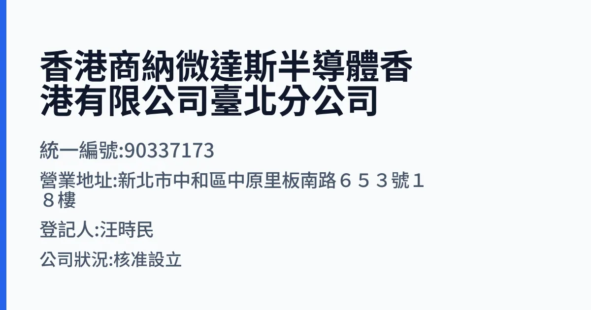 香港商納微達斯半導體香港有限公司臺北分公司 - 統編 90337173(新北市) 公司登記資料與營業項目詳細圖表