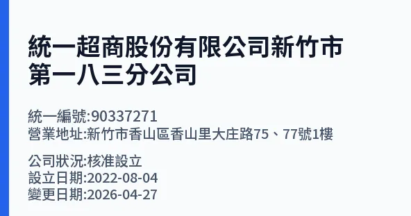 統一超商股份有限公司新竹市第一八三分公司的照片-統編 90337271(新竹市) 公司登記資料與營業項目詳細圖表