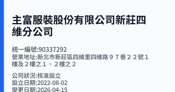 主富服裝股份有限公司新莊四維分公司的照片-統編 90337292(新北市) 公司登記資料與營業項目詳細圖表