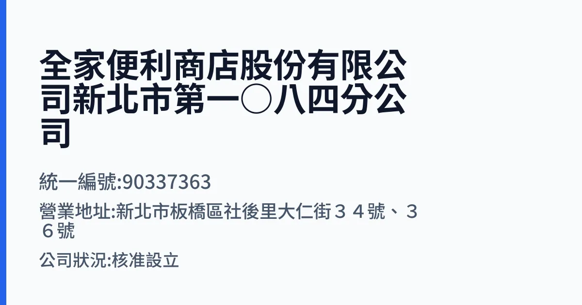 全家便利商店股份有限公司新北市第一○八四分公司 - 統編 90337363(新北市) 公司登記資料與營業項目詳細圖表