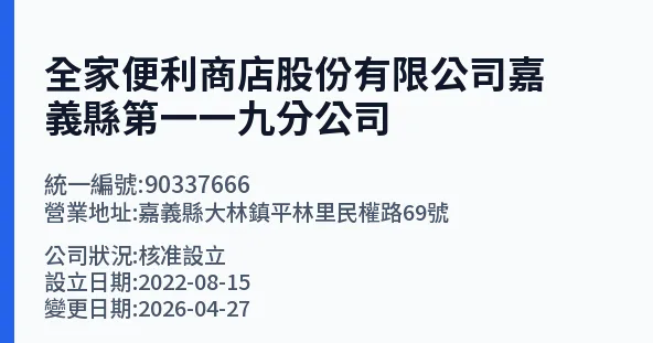 全家便利商店股份有限公司嘉義縣第一一九分公司的照片-統編 90337666(嘉義縣) 公司登記資料與營業項目詳細圖表