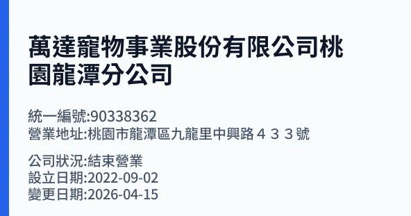 萬達寵物事業股份有限公司桃園龍潭分公司的照片-統編 90338362(桃園市) 公司登記資料與營業項目詳細圖表