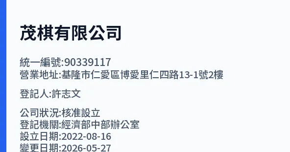 茂棋有限公司的照片-統編 90339117(基隆市) 公司登記資料與營業項目詳細圖表