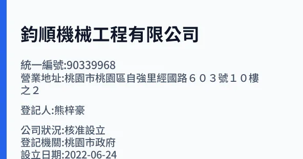 鈞順機械工程有限公司的照片-統編 90339968(桃園市) 公司登記資料與營業項目詳細圖表
