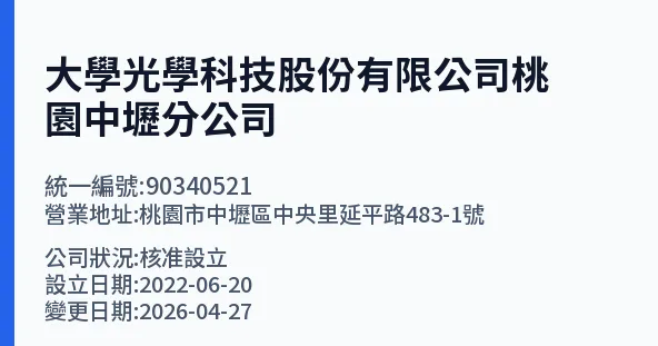 大學光學科技股份有限公司桃園中壢分公司的照片-統編 90340521(桃園市) 公司登記資料與營業項目詳細圖表