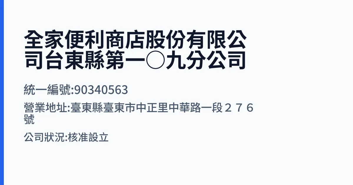 全家便利商店股份有限公司台東縣第一○九分公司 - 統編 90340563(臺東縣) 公司登記資料與營業項目詳細圖表