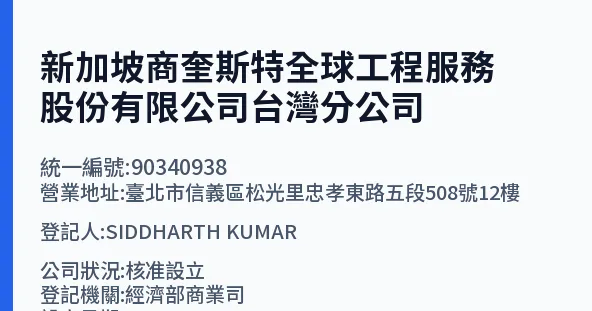 新加坡商奎斯特全球工程服務股份有限公司台灣分公司的照片-統編 90340938(臺北市) 公司登記資料與營業項目詳細圖表