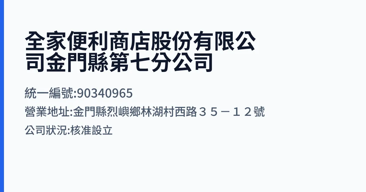 全家便利商店股份有限公司金門縣第七分公司 - 統編 90340965(金門縣) 公司登記資料與營業項目詳細圖表