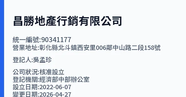 昌勝地產行銷有限公司的照片-統編 90341177(彰化縣) 公司登記資料與營業項目詳細圖表