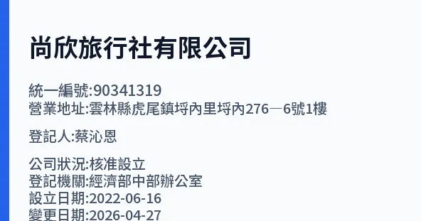 尚欣旅行社有限公司的照片-統編 90341319(雲林縣) 公司登記資料與營業項目詳細圖表