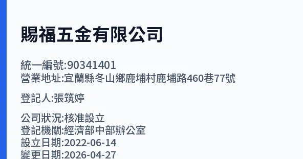 賜福五金有限公司的照片-統編 90341401(宜蘭縣) 公司登記資料與營業項目詳細圖表