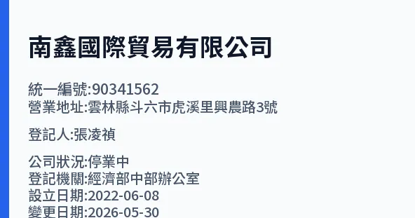 南鑫國際貿易有限公司的照片-統編 90341562(雲林縣) 公司登記資料與營業項目詳細圖表