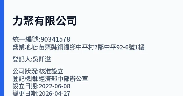 力聚有限公司的照片-統編 90341578(苗栗縣) 公司登記資料與營業項目詳細圖表