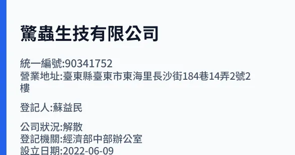 驚蟲生技有限公司的照片-統編 90341752(臺東縣) 公司登記資料與營業項目詳細圖表
