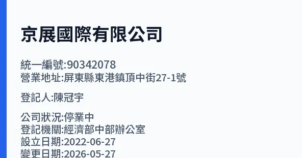 京展國際有限公司的照片-統編 90342078(屏東縣) 公司登記資料與營業項目詳細圖表