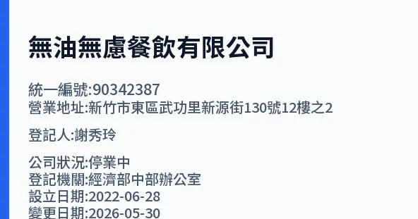 無油無慮餐飲有限公司的照片-統編 90342387(新竹市) 公司登記資料與營業項目詳細圖表