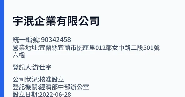宇泯企業有限公司的照片-統編 90342458(宜蘭縣) 公司登記資料與營業項目詳細圖表