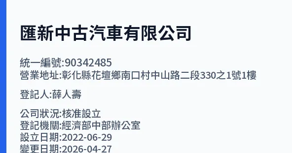 匯新中古汽車有限公司的照片-統編 90342485(彰化縣) 公司登記資料與營業項目詳細圖表