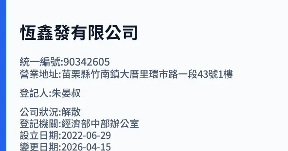恆鑫發有限公司的照片-統編 90342605(苗栗縣) 公司登記資料與營業項目詳細圖表