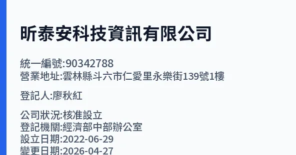 昕泰安科技資訊有限公司的照片-統編 90342788(雲林縣) 公司登記資料與營業項目詳細圖表