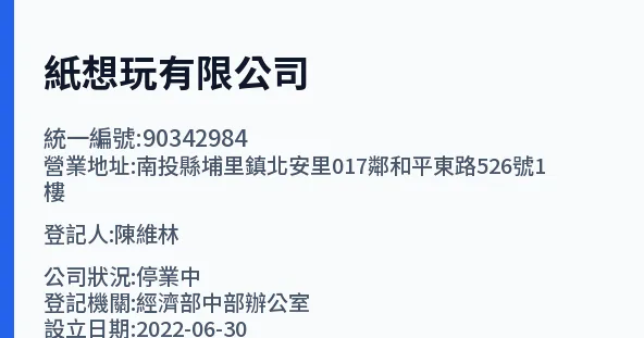 紙想玩有限公司的照片-統編 90342984(南投縣) 公司登記資料與營業項目詳細圖表