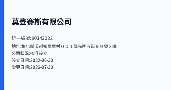 莫登賽斯有限公司的照片-統編 90343082 公司登記資料與營業項目詳細圖表