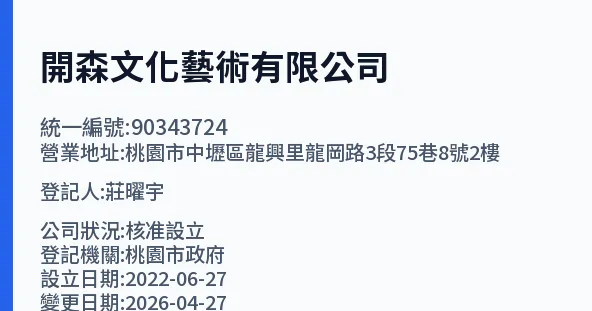 開森文化藝術有限公司的照片-統編 90343724(桃園市) 公司登記資料與營業項目詳細圖表