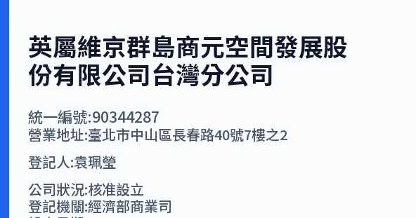 英屬維京群島商元空間發展股份有限公司台灣分公司的照片-統編 90344287(臺北市) 公司登記資料與營業項目詳細圖表