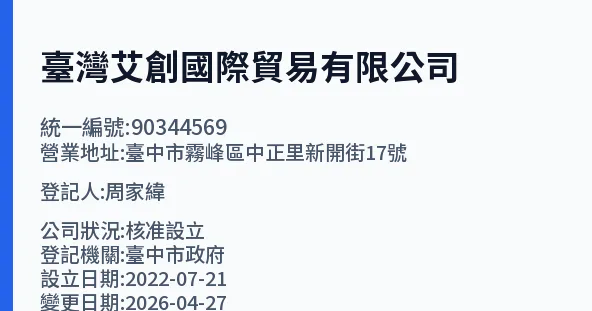 臺灣艾創國際貿易有限公司的照片-統編 90344569(臺中市) 公司登記資料與營業項目詳細圖表