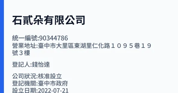 石貳朵有限公司的照片-統編 90344786(臺中市) 公司登記資料與營業項目詳細圖表