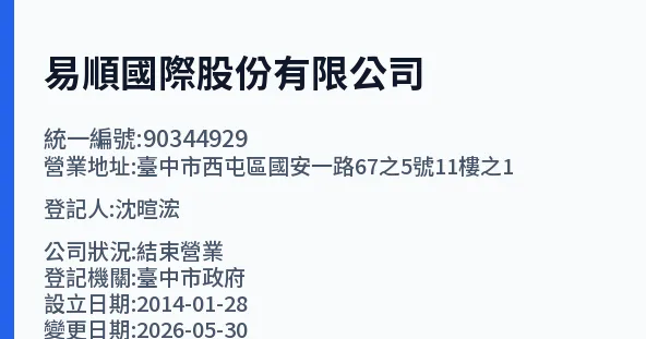 易順國際股份有限公司的照片-統編 90344929(臺中市) 公司登記資料與營業項目詳細圖表