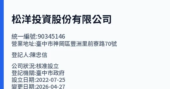 松洋投資股份有限公司的照片-統編 90345146(臺中市) 公司登記資料與營業項目詳細圖表