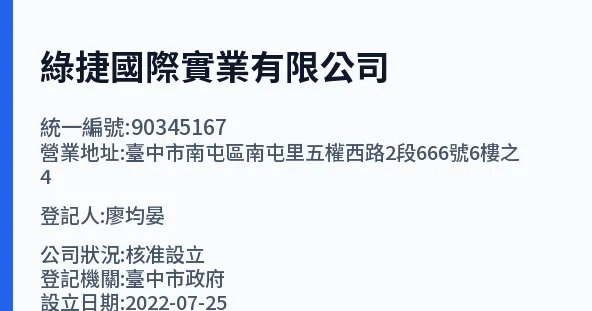 綠捷國際實業有限公司的照片-統編 90345167(臺中市) 公司登記資料與營業項目詳細圖表