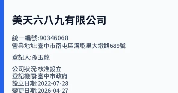 美天六八九有限公司的照片-統編 90346068(臺中市) 公司登記資料與營業項目詳細圖表
