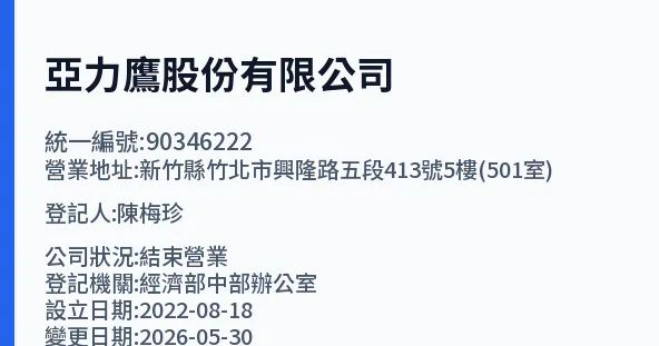 亞力鷹股份有限公司的照片-統編 90346222(新竹縣) 公司登記資料與營業項目詳細圖表