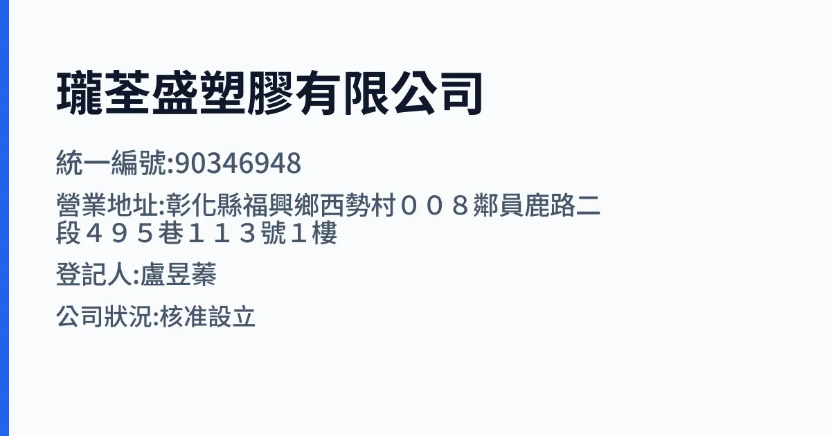 瓏荃盛塑膠有限公司 - 統編 90346948(彰化縣) 公司登記資料與營業項目詳細圖表