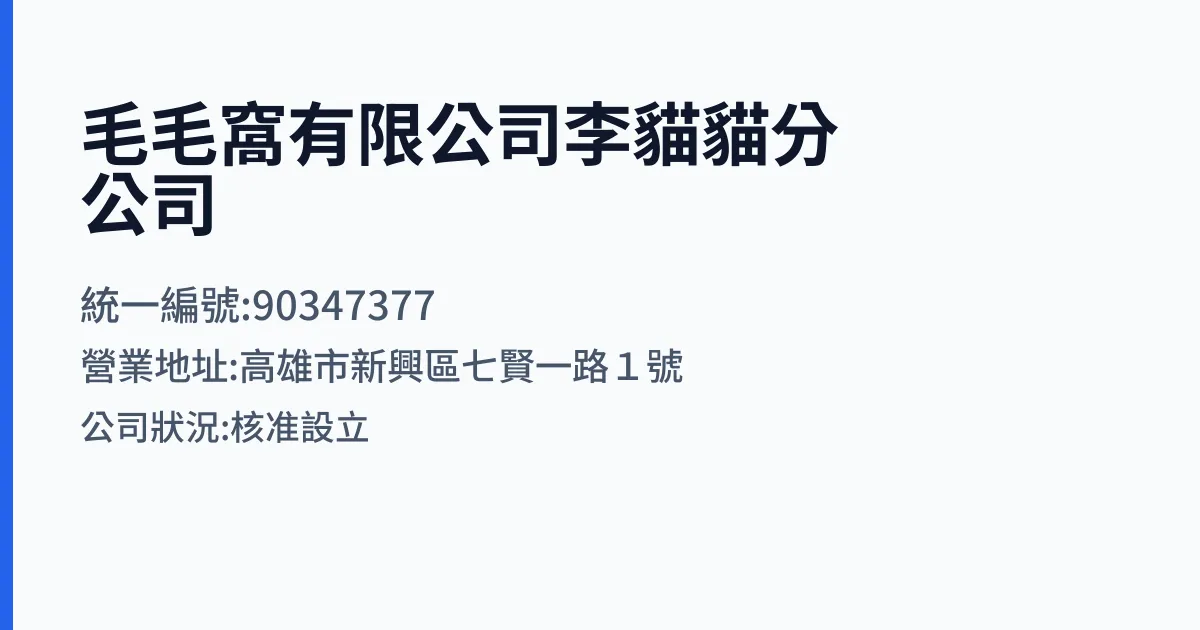 毛毛窩有限公司李貓貓分公司 - 統編 90347377(高雄市) 公司登記資料與營業項目詳細圖表