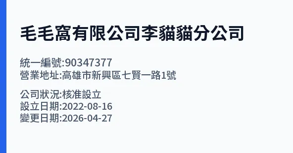 毛毛窩有限公司李貓貓分公司的照片-統編 90347377(高雄市) 公司登記資料與營業項目詳細圖表