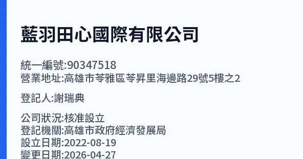 藍羽田心國際有限公司的照片-統編 90347518(高雄市) 公司登記資料與營業項目詳細圖表