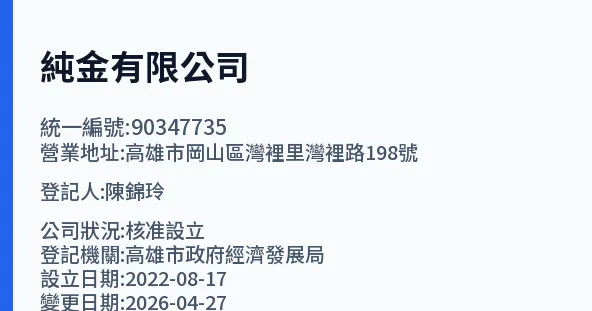 純金有限公司的照片-統編 90347735(高雄市) 公司登記資料與營業項目詳細圖表