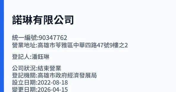 諾琳有限公司的照片-統編 90347762(高雄市) 公司登記資料與營業項目詳細圖表